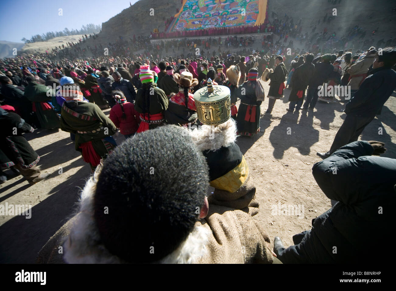 Crowds during ceremony to unveil giant Buddha Tangka, Xiahe County ...