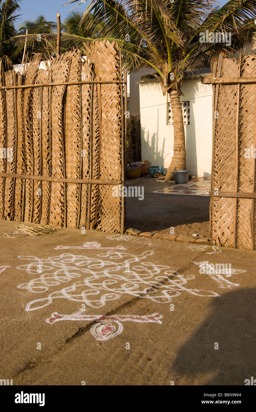 India Tamil Nadu Mamallapuram fishing village traditional sand pattern ...
