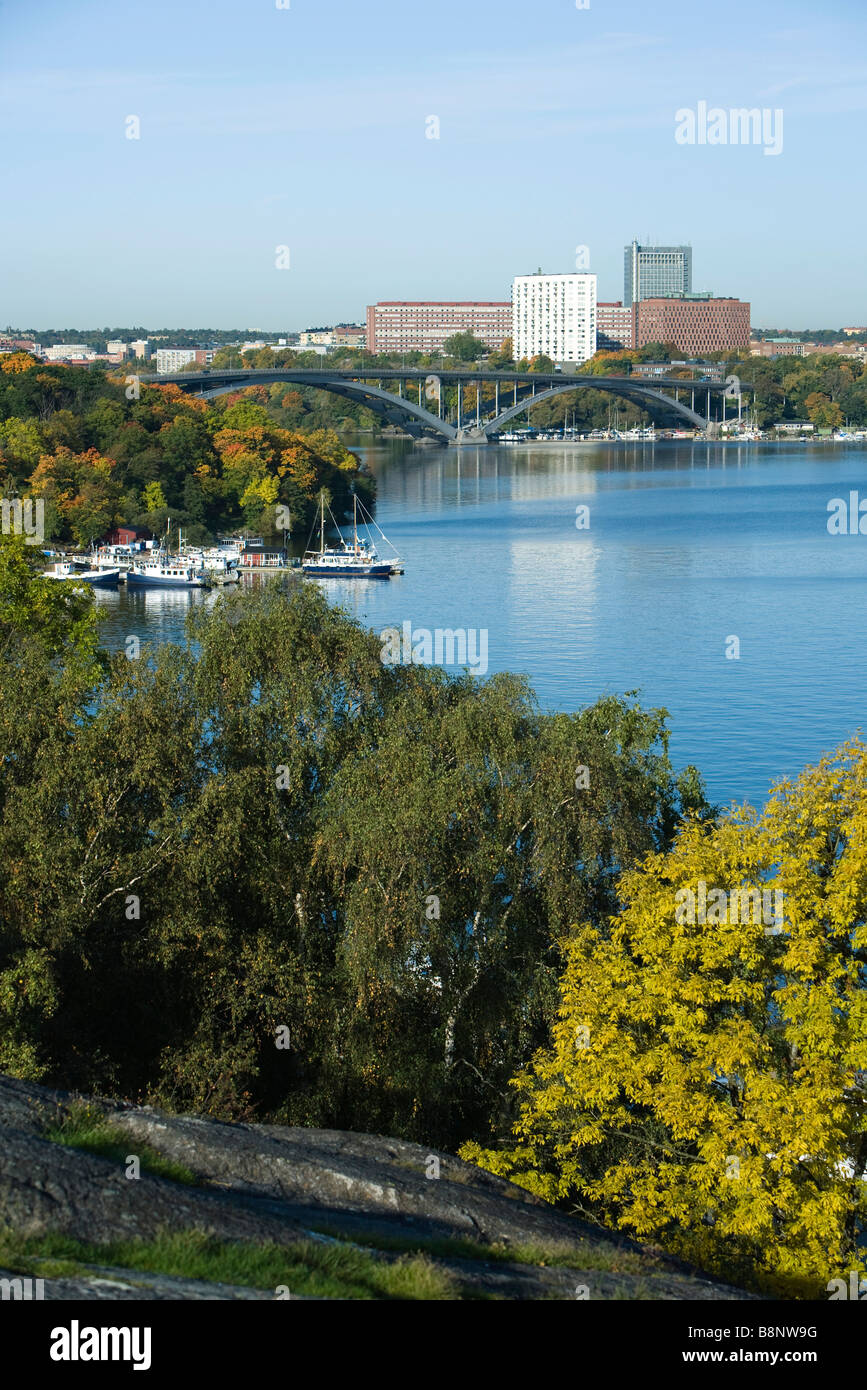 Sweden, Stockholm, Lake Malaren, Vasterbron Bridge visible in ...