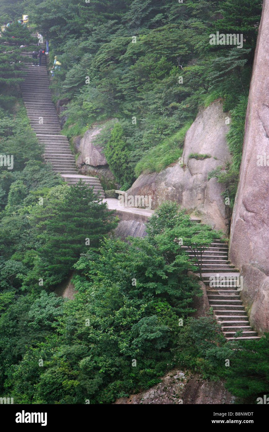 China Anhui Mt Huangshan Stone steps on side of mountain Stock Photo ...