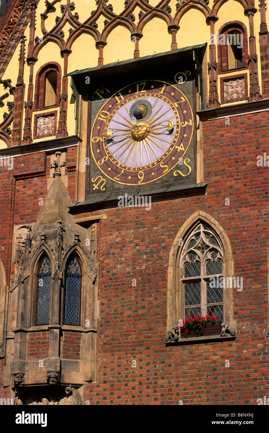 Poland, Wroclaw, Rynek, market square, old town hall, ancient clock (AD ...
