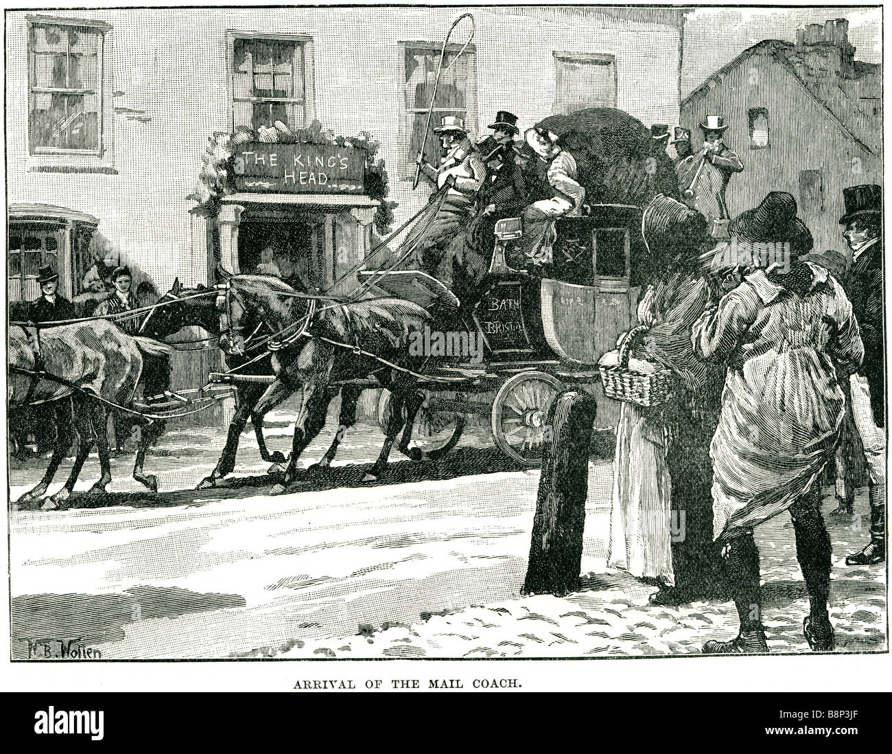 arrival of mail coach horse-drawn carriage four horses passenger box ...