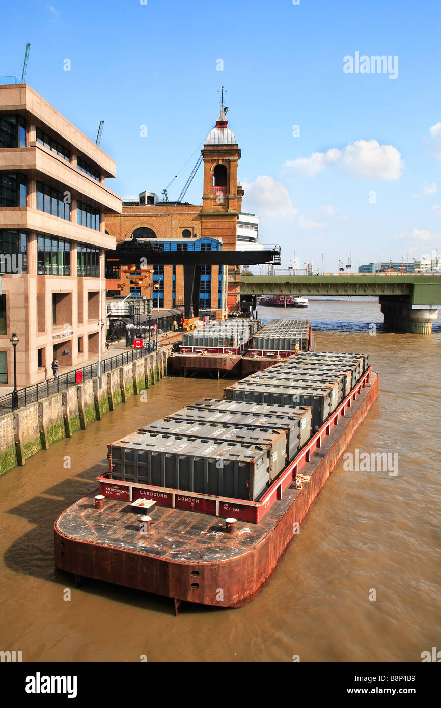 Barge on the river thames near Cannon Street Station City of London ...