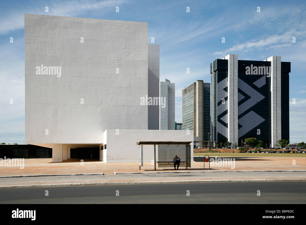 Man waits for bus outside Brazilian national library Brasilia Brazil ...