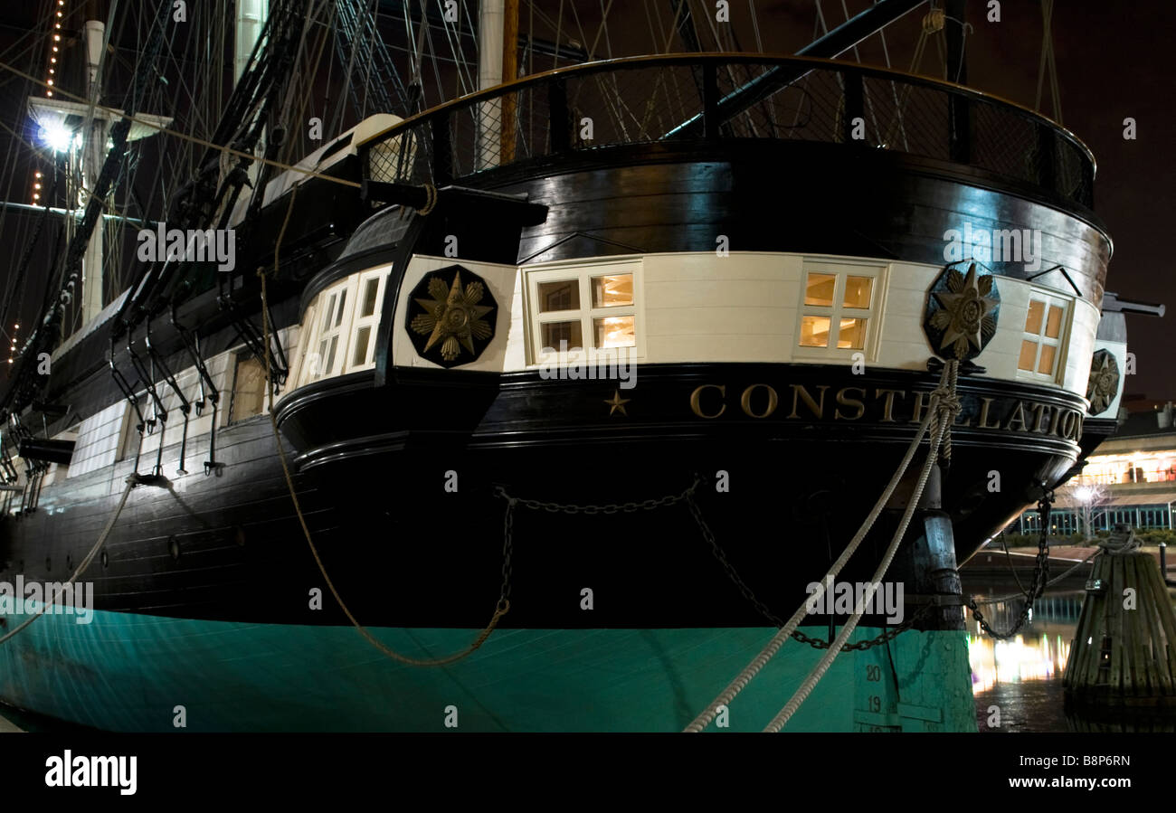 A detailed view of the USS Constellation museum at night, Baltimore ...