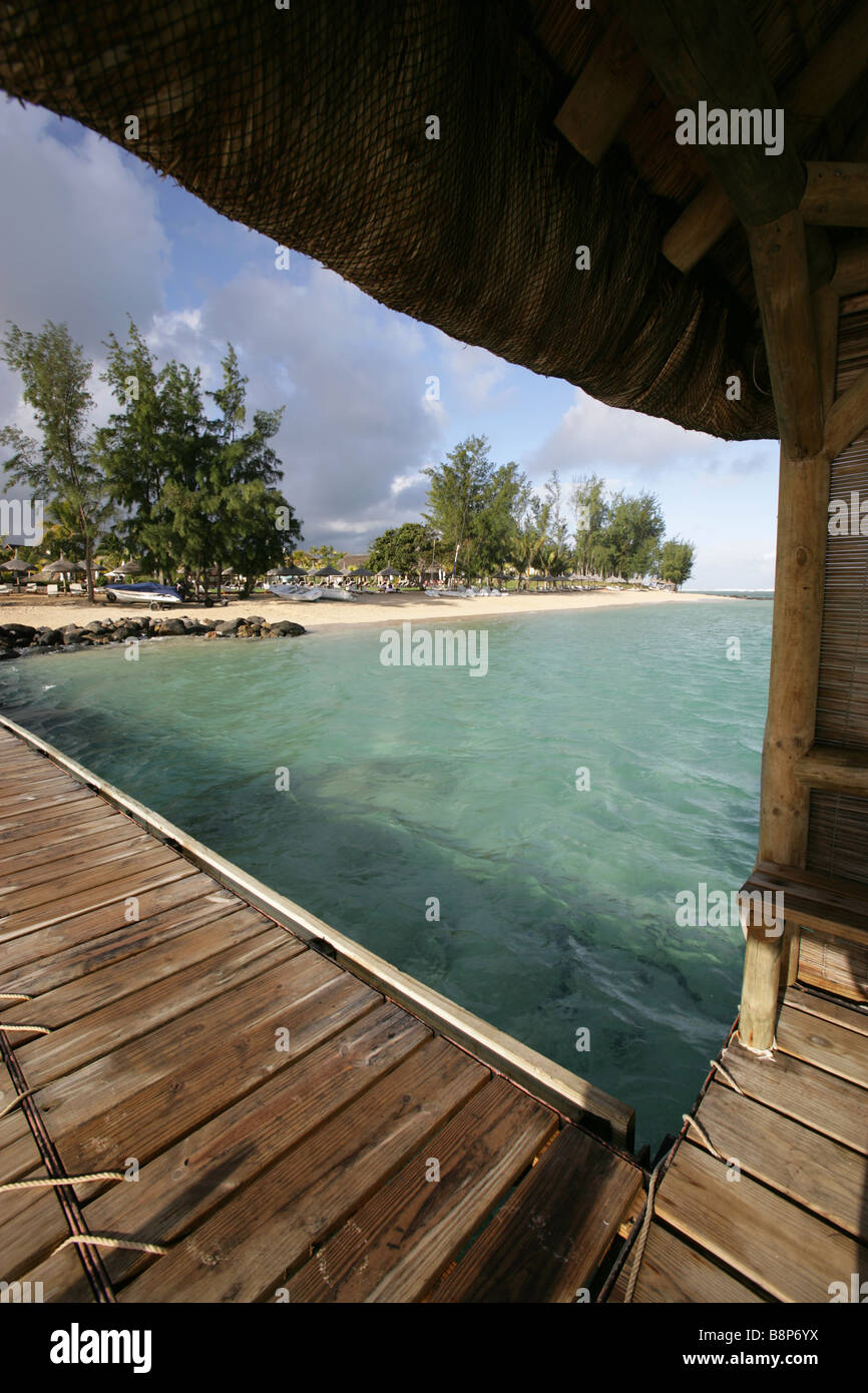 A Beach on the Indian Ocean tropical island of Mauritius viewed from a ...