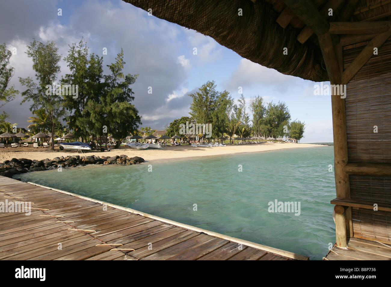 A Beach on the Indian Ocean tropical island of Mauritius viewed from a ...
