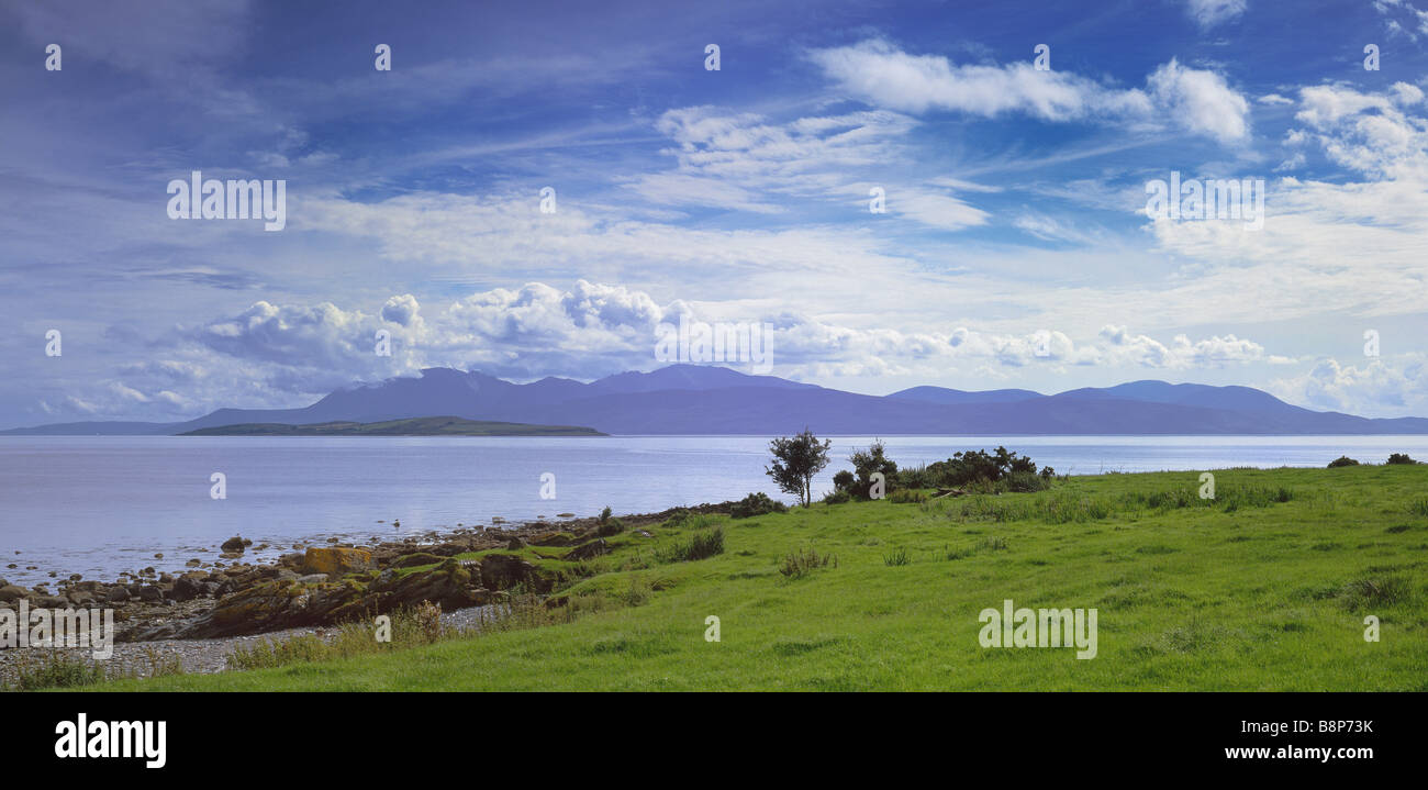 VIEW OF ARRAN OVER THE SOUND OF BUTE FROM ETTRICK BAY BUTE SCOTLAND UK ...