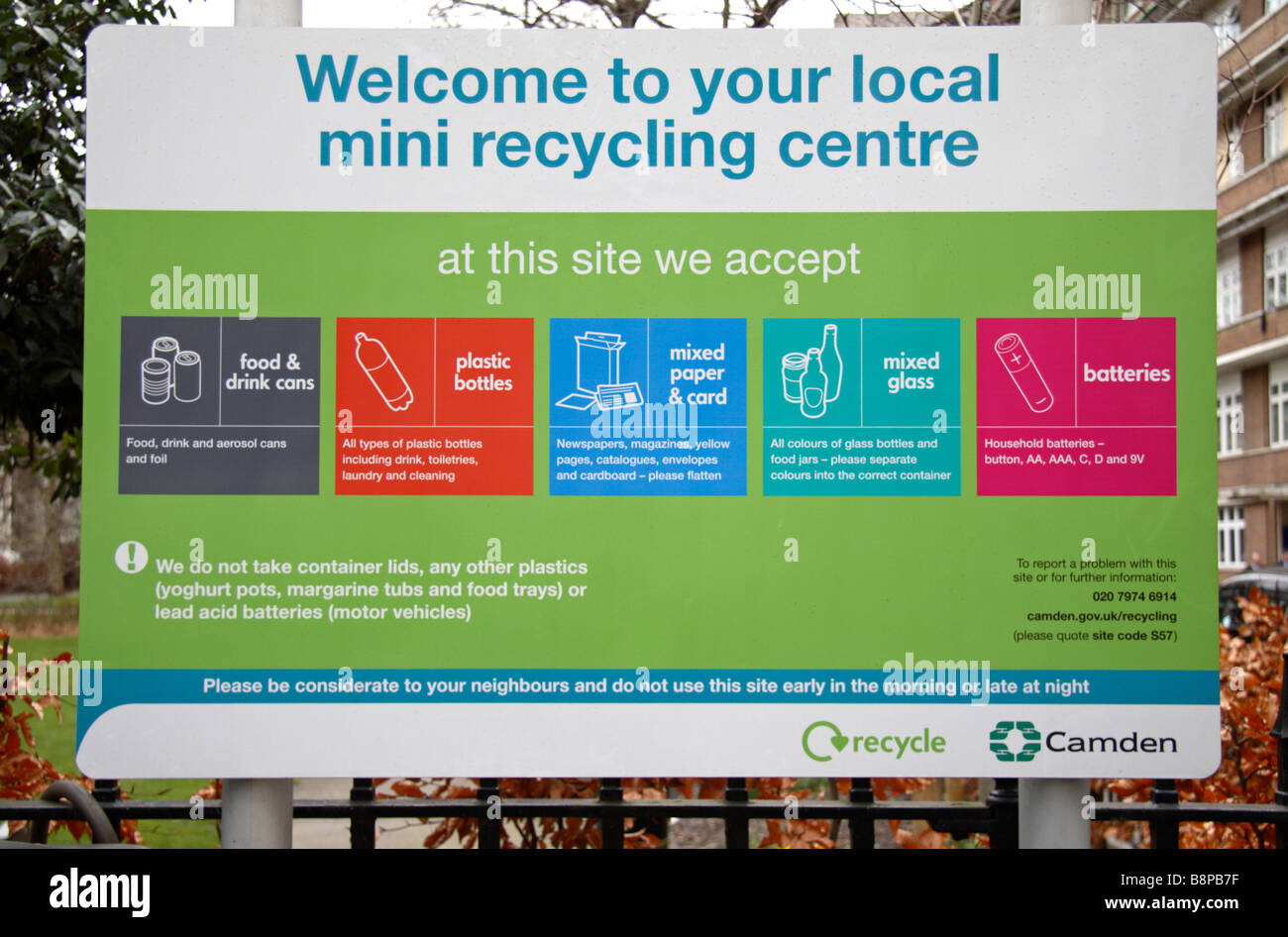 A mini recycling centre sign on Queen Square, London. Feb 2008 Stock ...