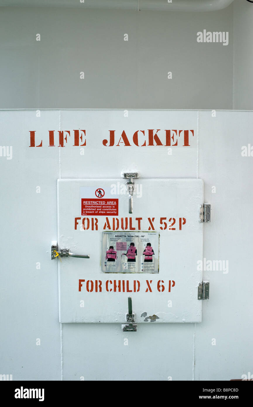 Shipboard life jacket locker Stock Photo - Alamy