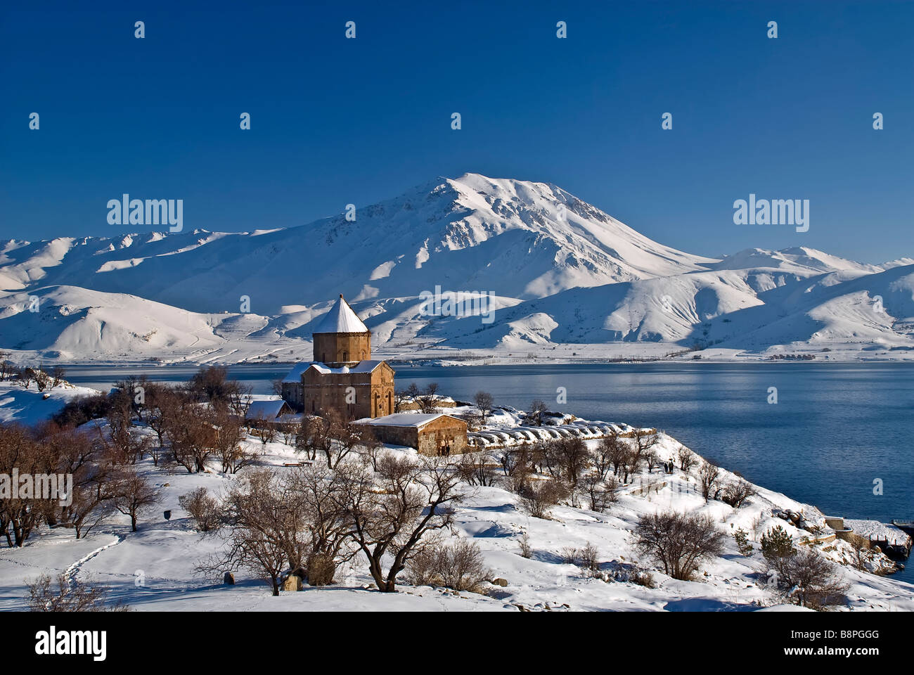 Winter scene of Akdamar Island Church and Van Lake Turkey Stock Photo ...