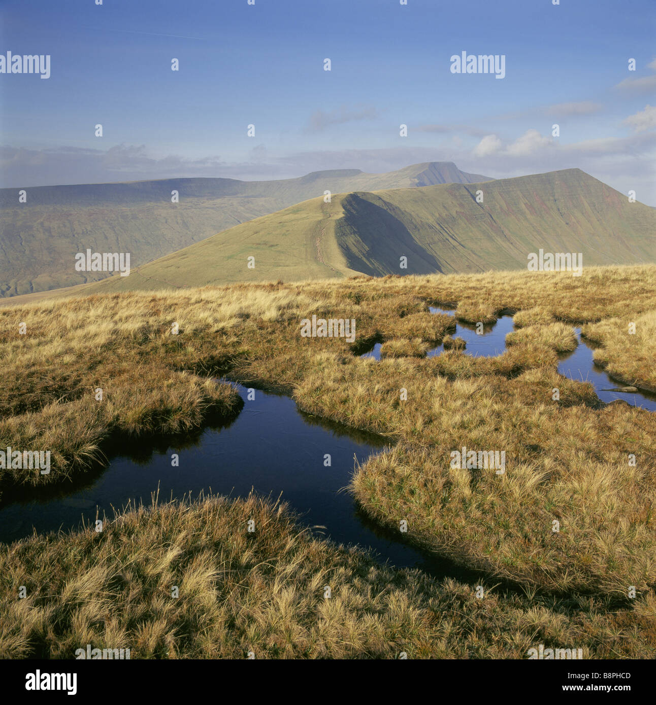View towards the three highest Brecon Beacons; Corn Du, Pen Y Fan and ...