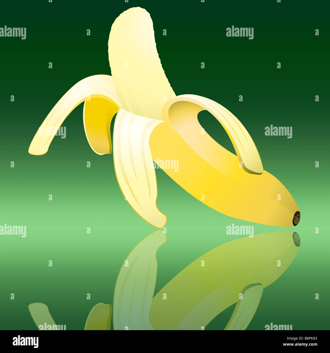 ripe peeled banana illustrated on green background with reflection ...