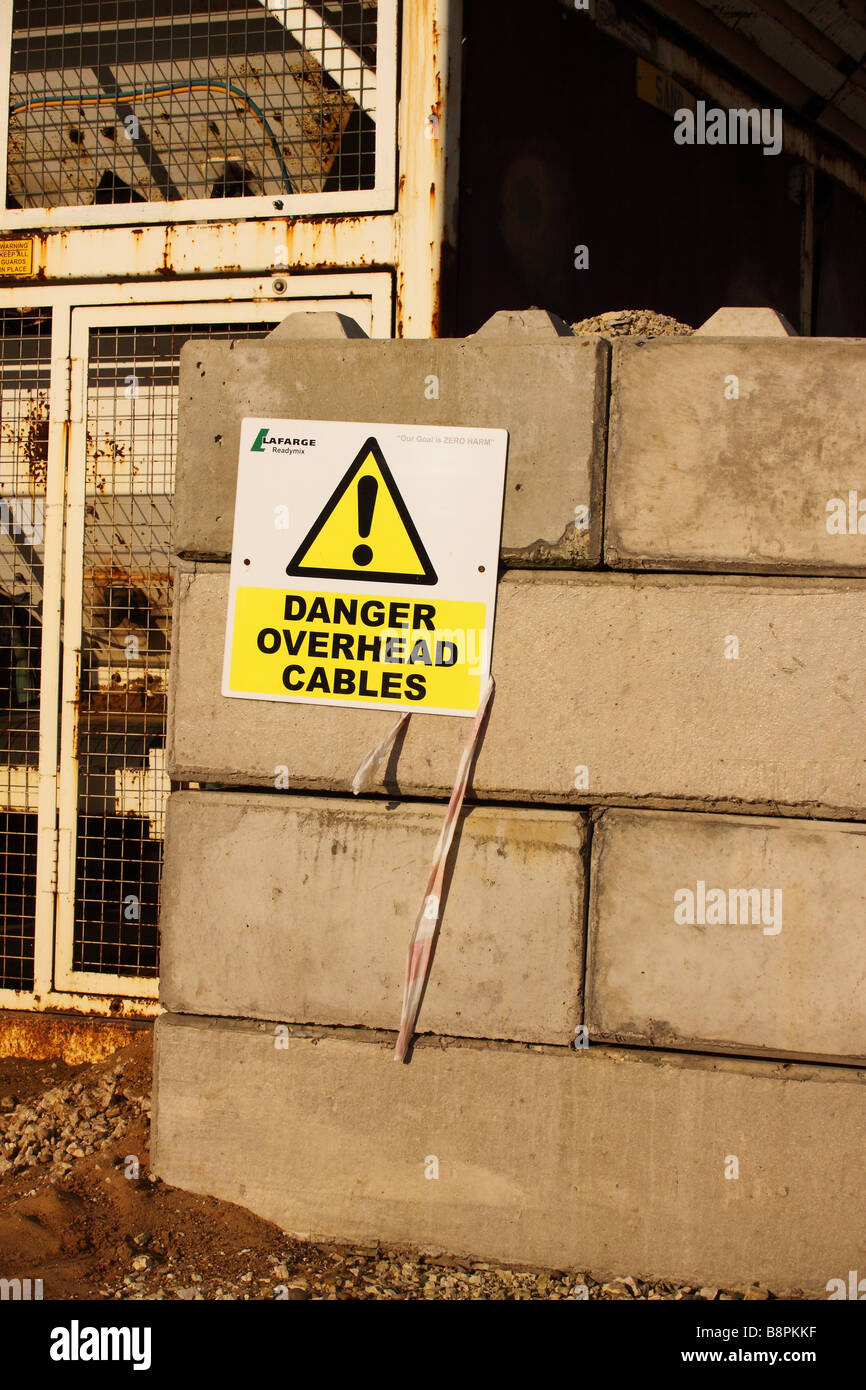 warning sign warning of danger from electric cables hanging between ...