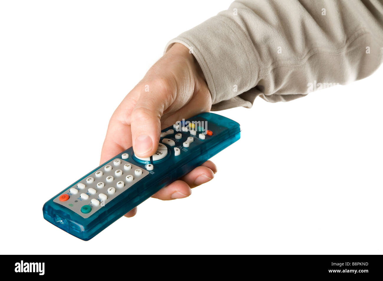 Hand using a TV remote control Stock Photo - Alamy