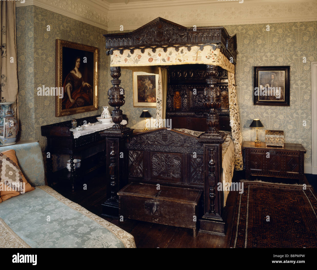 Gawthorpe Hall view of the Huntroyde room showing the carved oak Tester ...