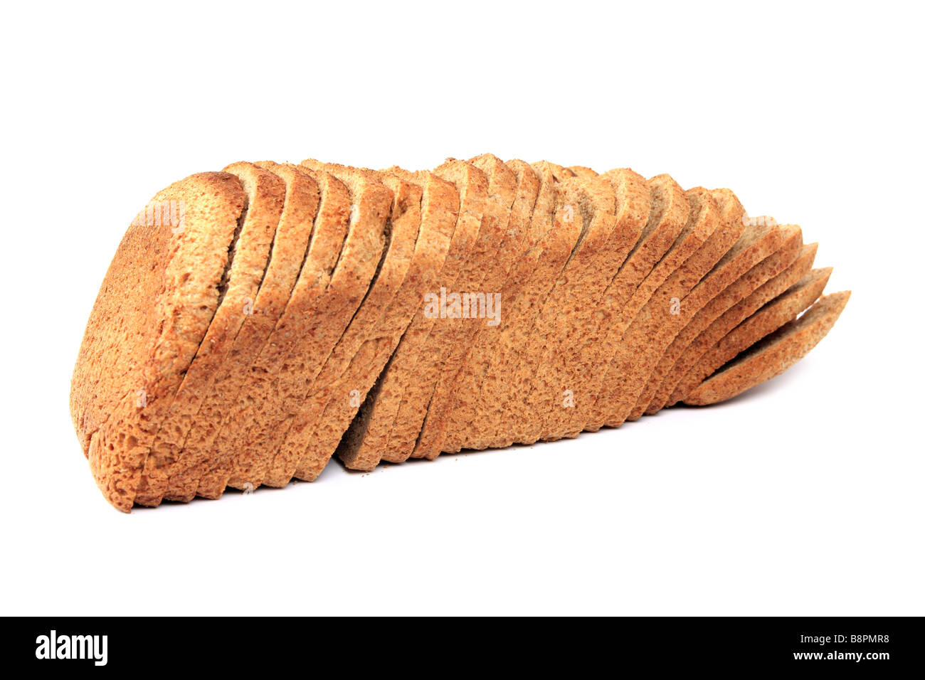 A sliced loaf of wholemeal brown bread against a white background Stock ...