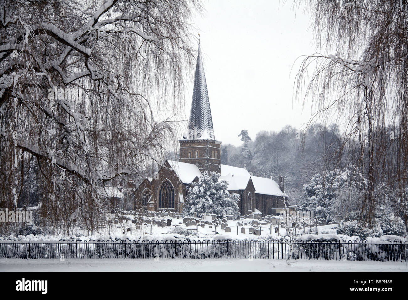 St Peter and St Paul Church, Godalming, Surrey in the snow Stock Photo ...
