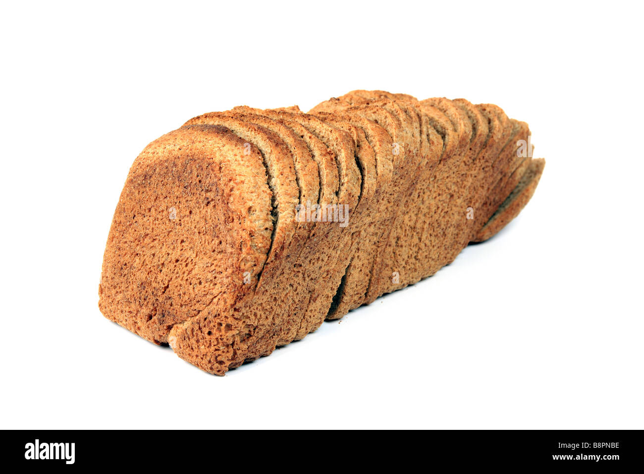 A sliced loaf of wholemeal brown bread against a white background Stock ...