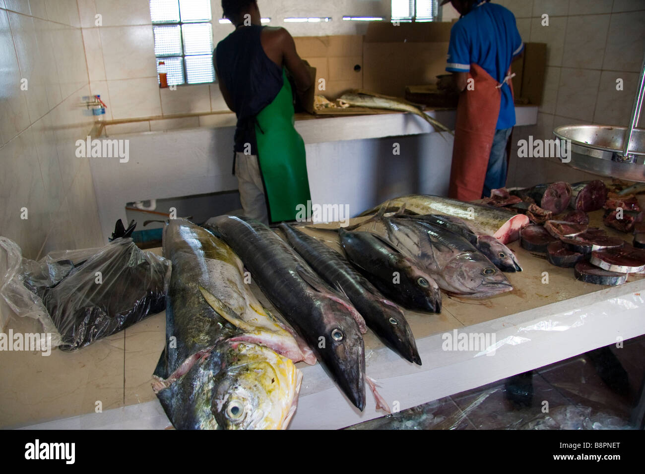 Fishmongers selling flying fish market, Castries, St. Lucia Stock Photo ...