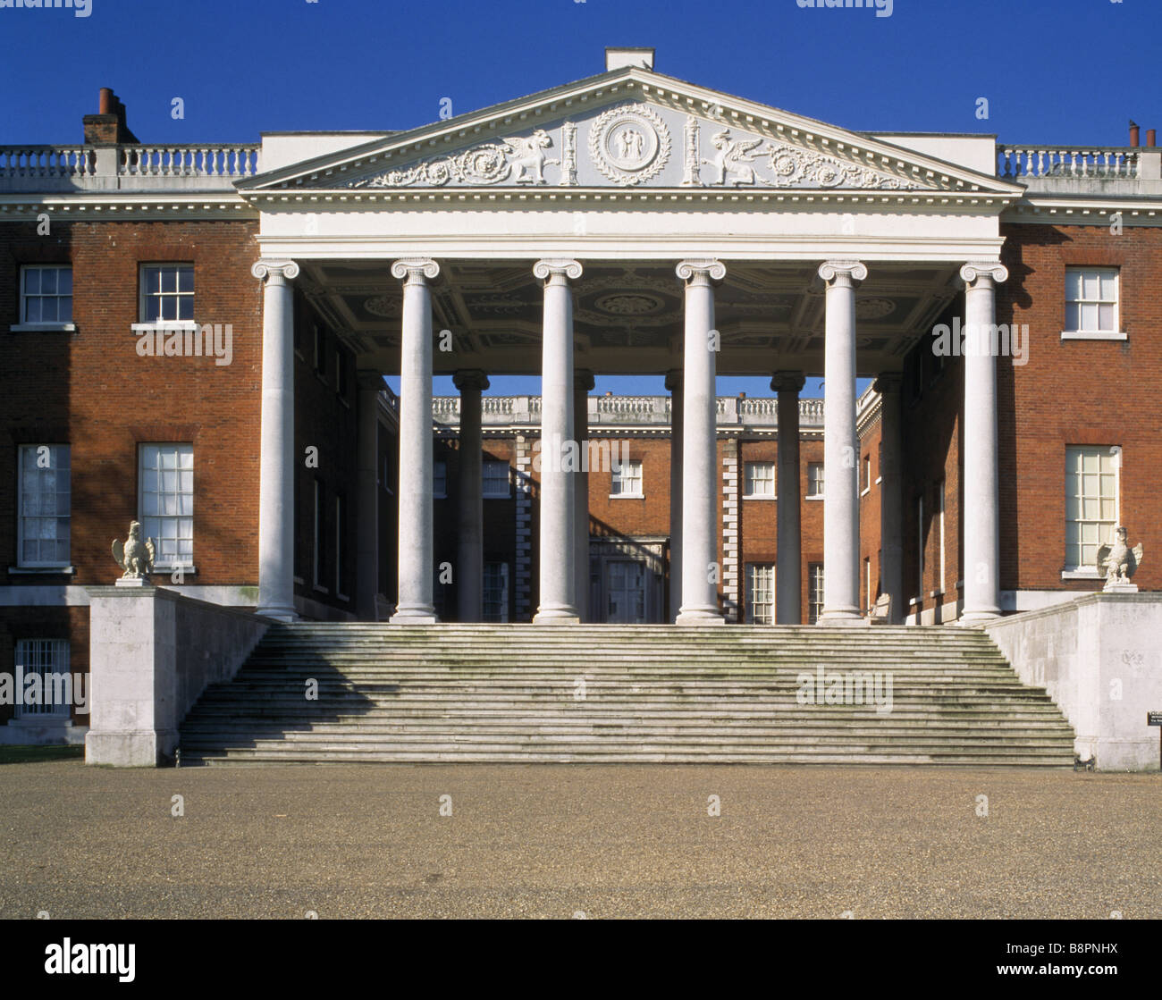 The Portico on the East front showing the carvings on the facade of the ...