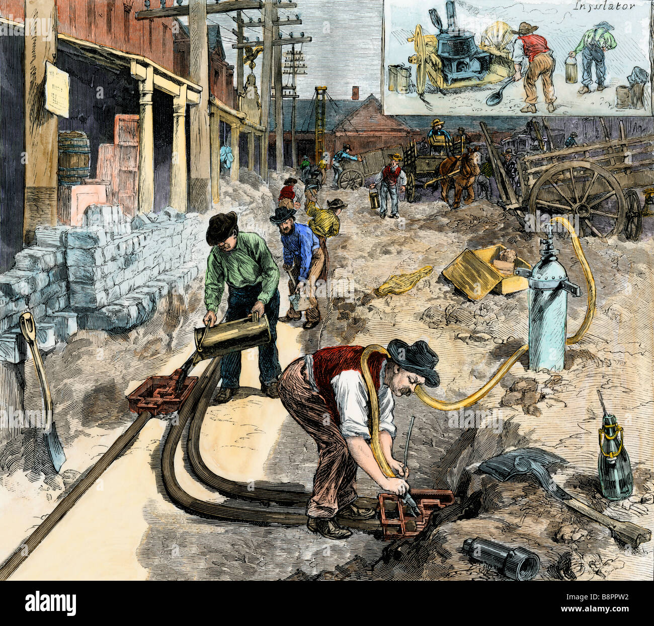 Workers laying the tubes for electric wires in the streets of New York ...