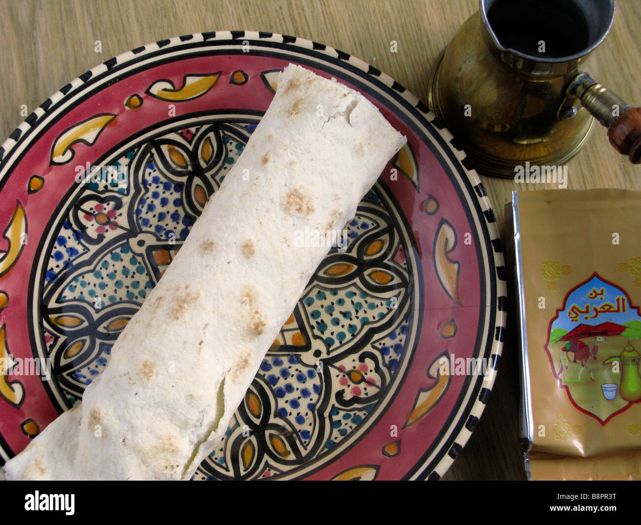 Arabic Fast food Pita Bead and Black Coffee in Copper Ibrik. Tunis ...