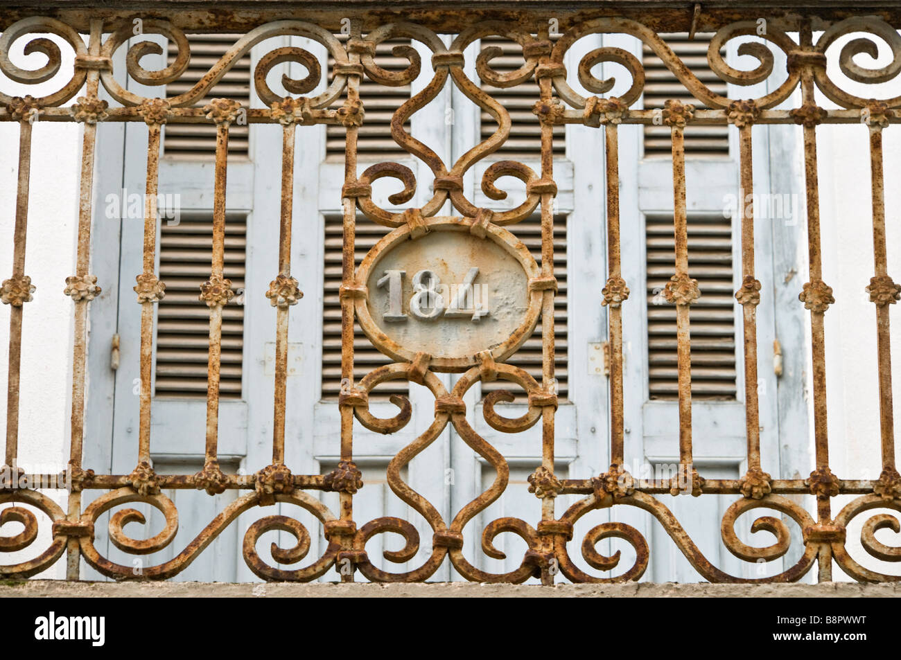 A wrought iron balcony railing in the old town of Nafplio, argolid ...