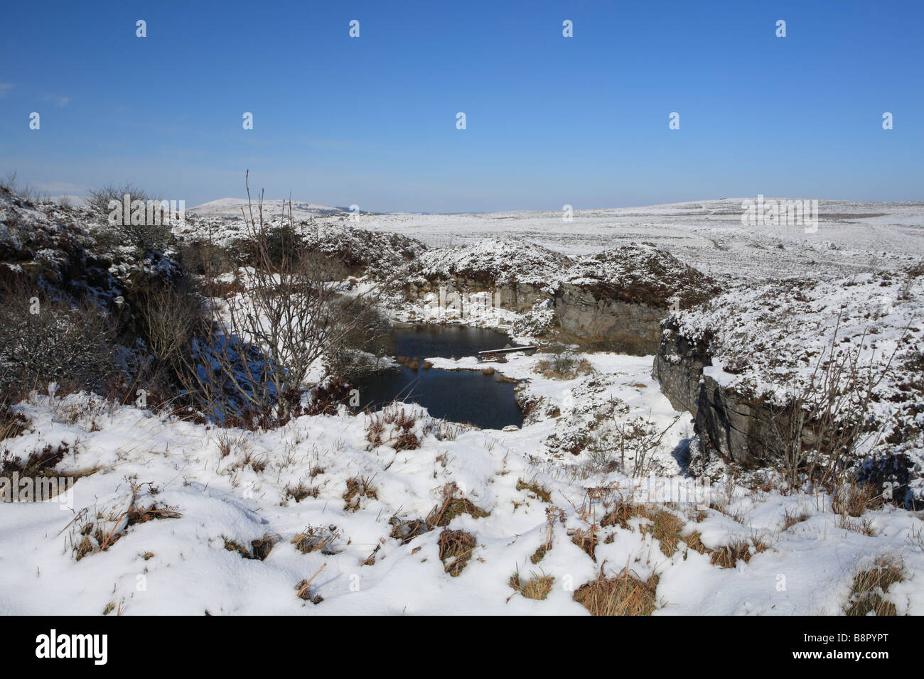 View across Haytor Quarry after overnight snow, Dartmoor, Devon ...