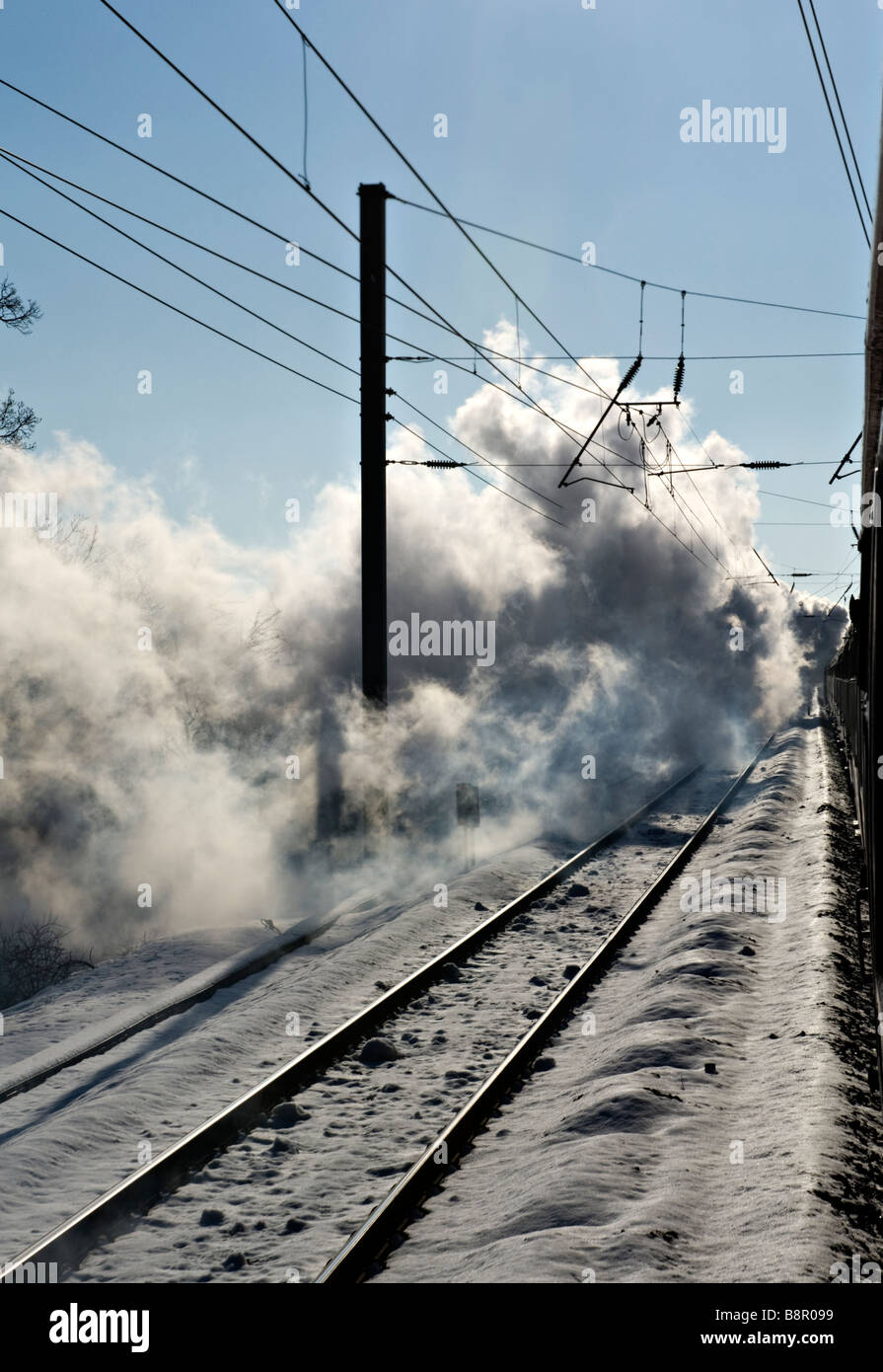 East Coast Mainline, UK viewed from a steam train hauled at speed by ...