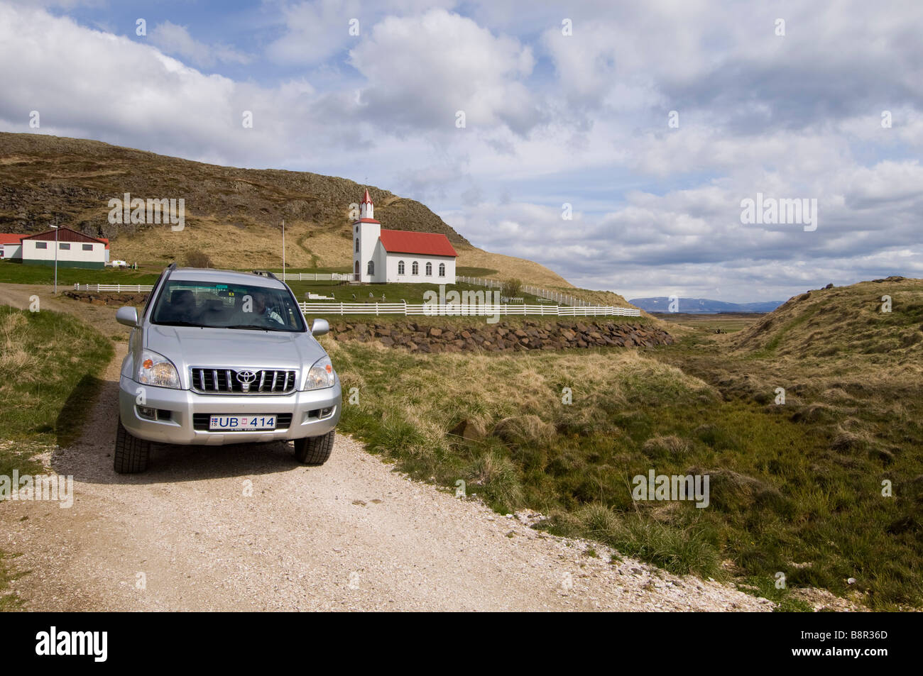 Off Road vehicle Helgafell church near Stykkisholmur Snaefellsnes ...