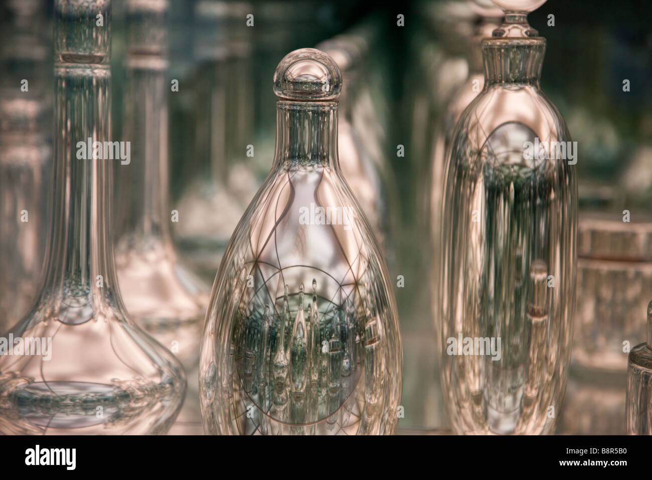 Deep reflections in the glass vessels at the artsy exhibition Stock ...
