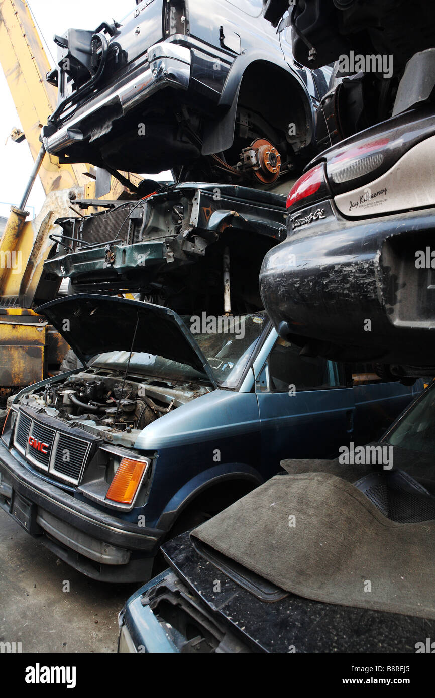 Cars Stacked at Junkyard Stock Photo - Alamy