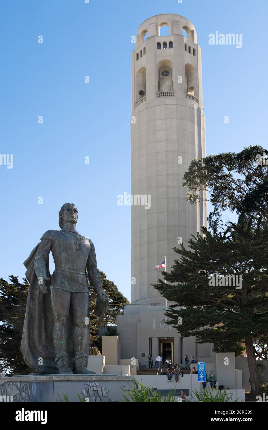 Coit Tower on Telegraph Hill with the statue of Christopher Columbus in ...