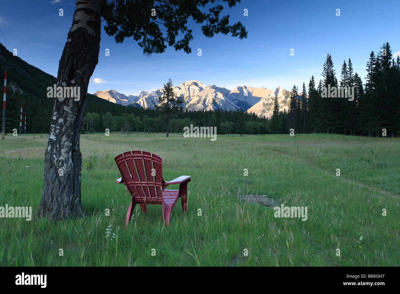 Deck chair in field overlooking Fairholm mountain range in Banff ...