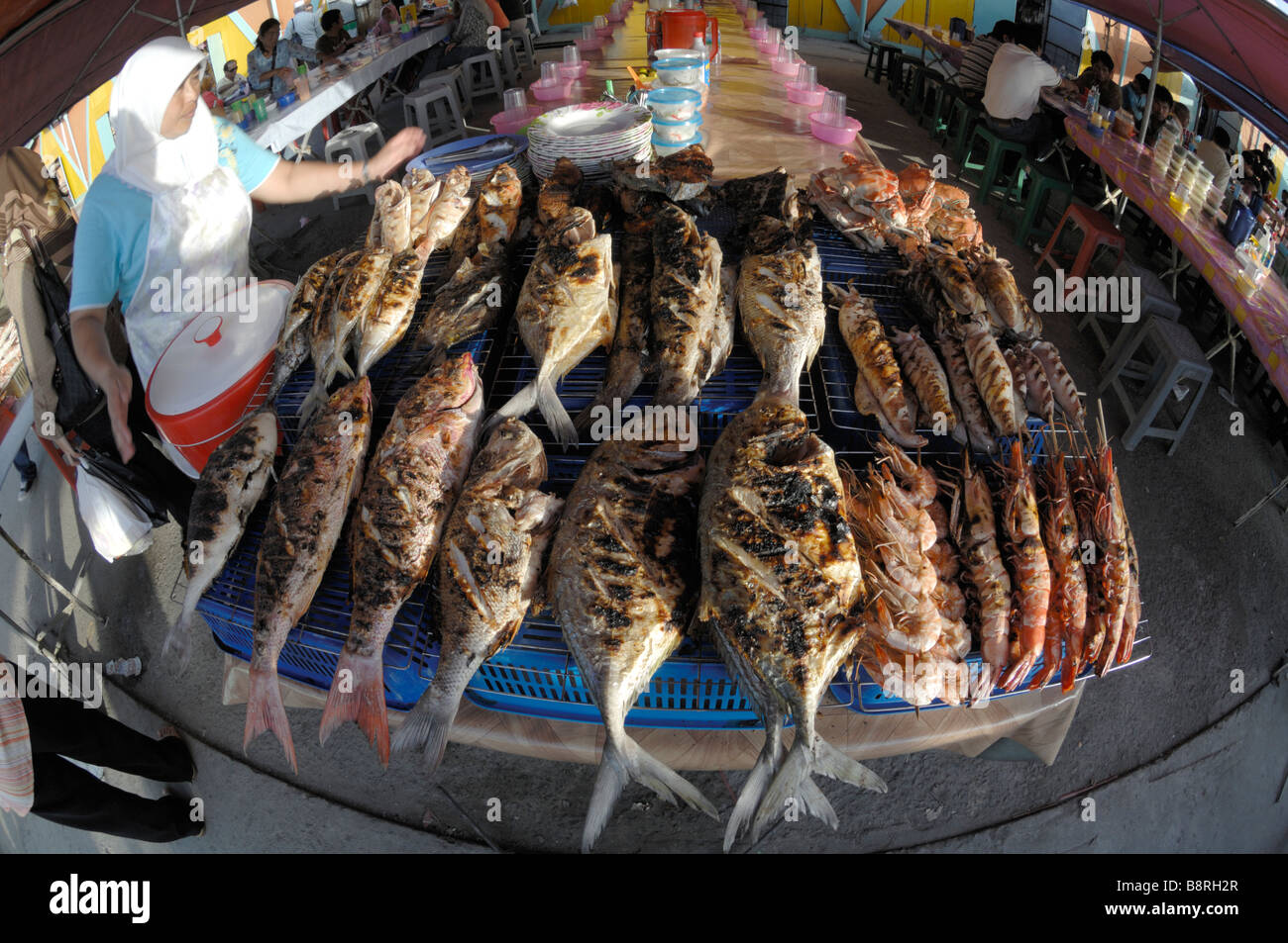 Barbecued fish for sale at a restaurant Kota Kinabalu Sabah Malaysia ...