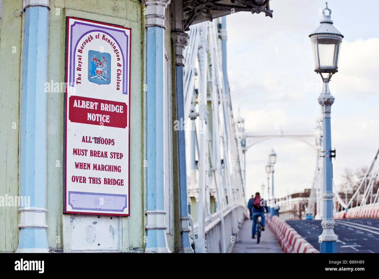 Notice on Albert Bridge, London reading: "All Troops Must Break Step ...
