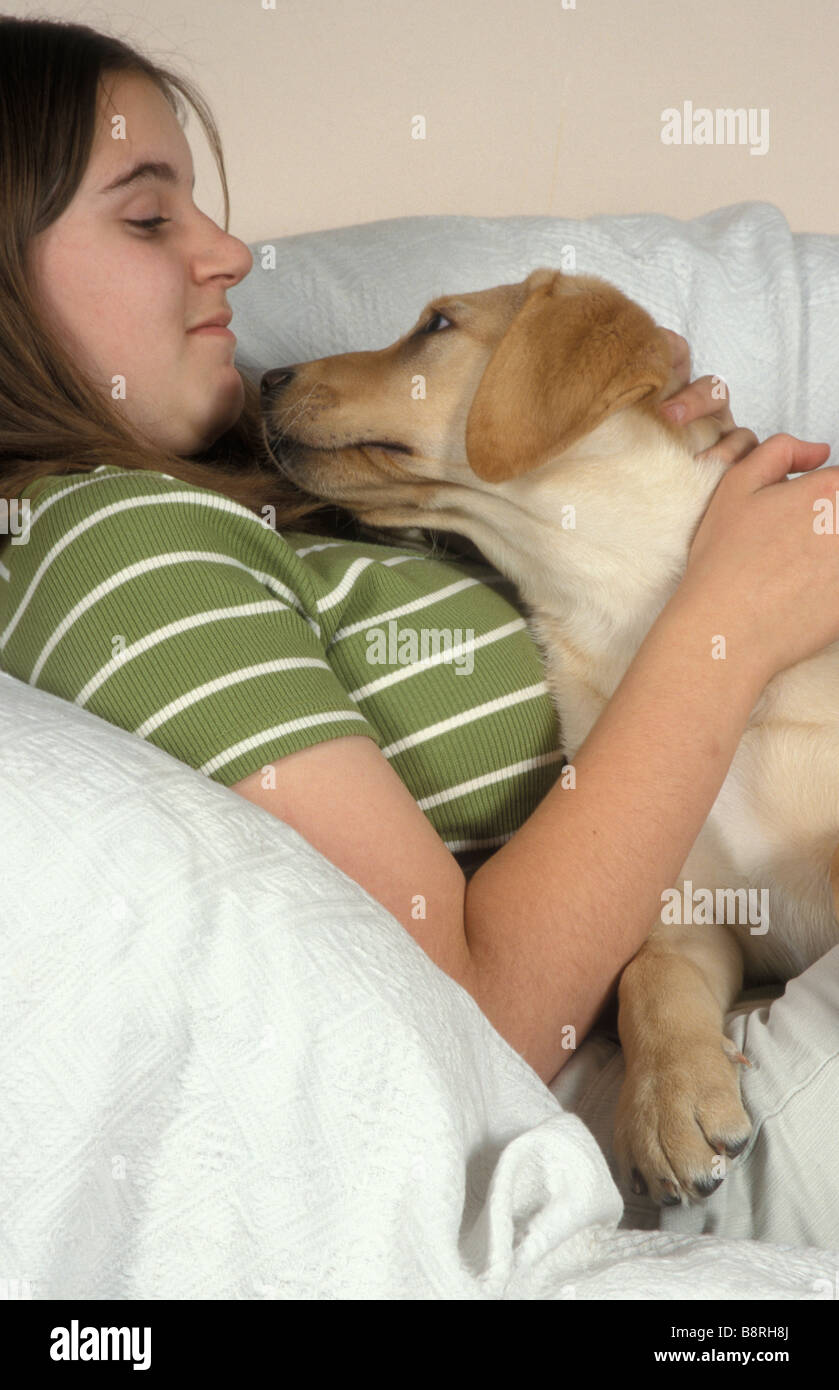 golden labrador puppy jumping up at teenage owner Stock Photo - Alamy