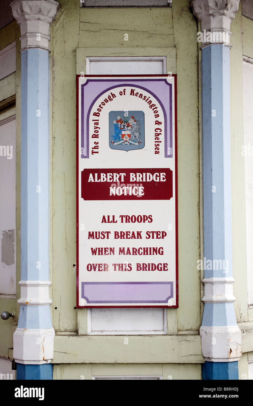 Notice on Albert Bridge, London reading: "All Troops Must Break Step ...