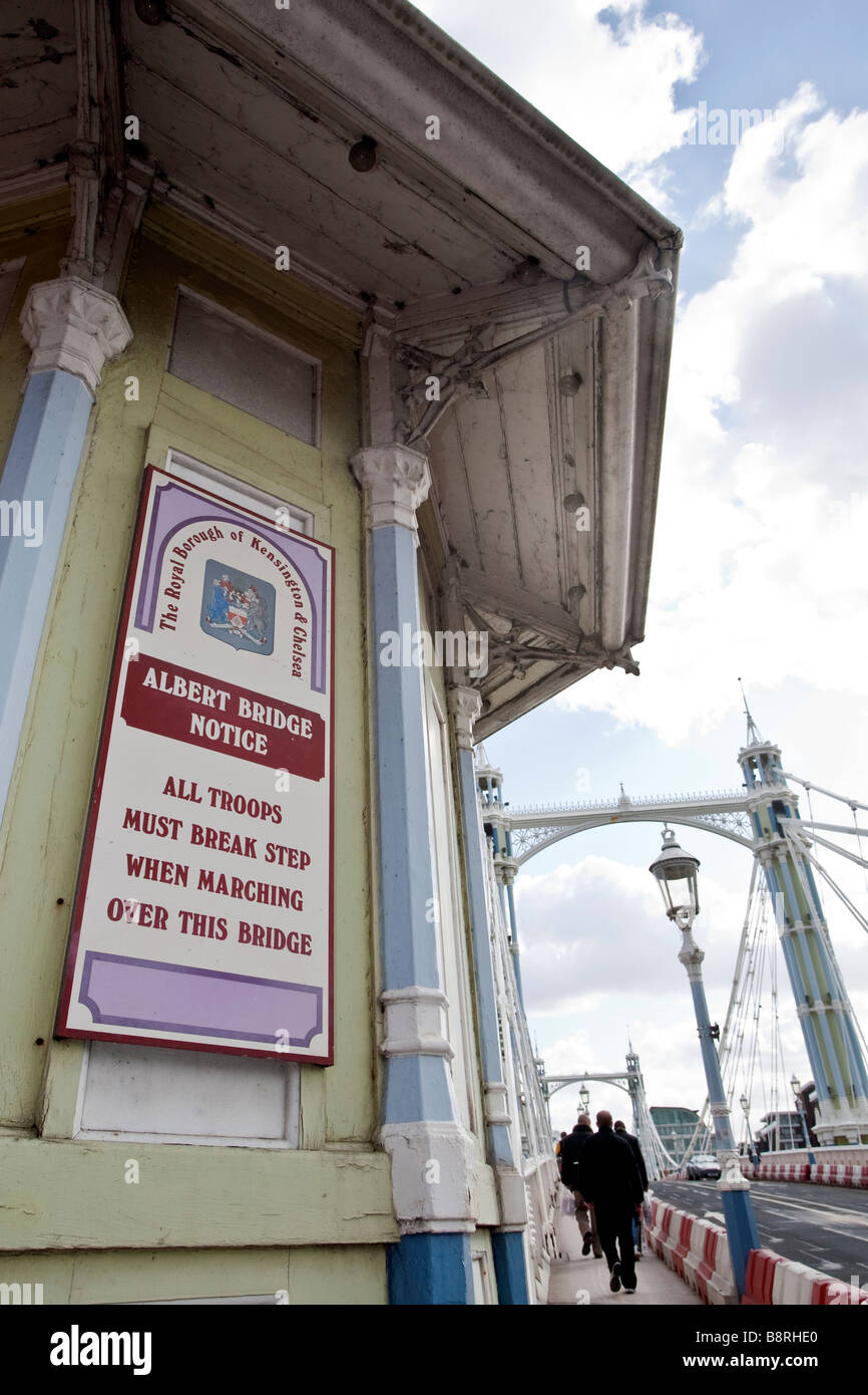 Notice on Albert Bridge, London reading: "All Troops Must Break Step ...