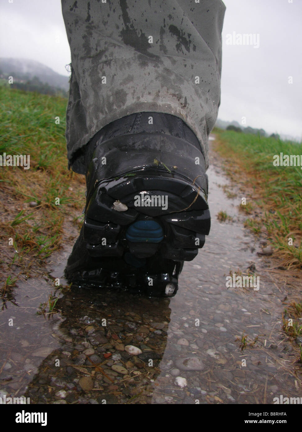 a hiking boot through a puddle Stock Photo - Alamy