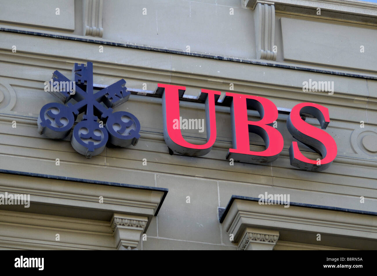 The UBS logo on display at a branch of the Swiss bank in Bern ...