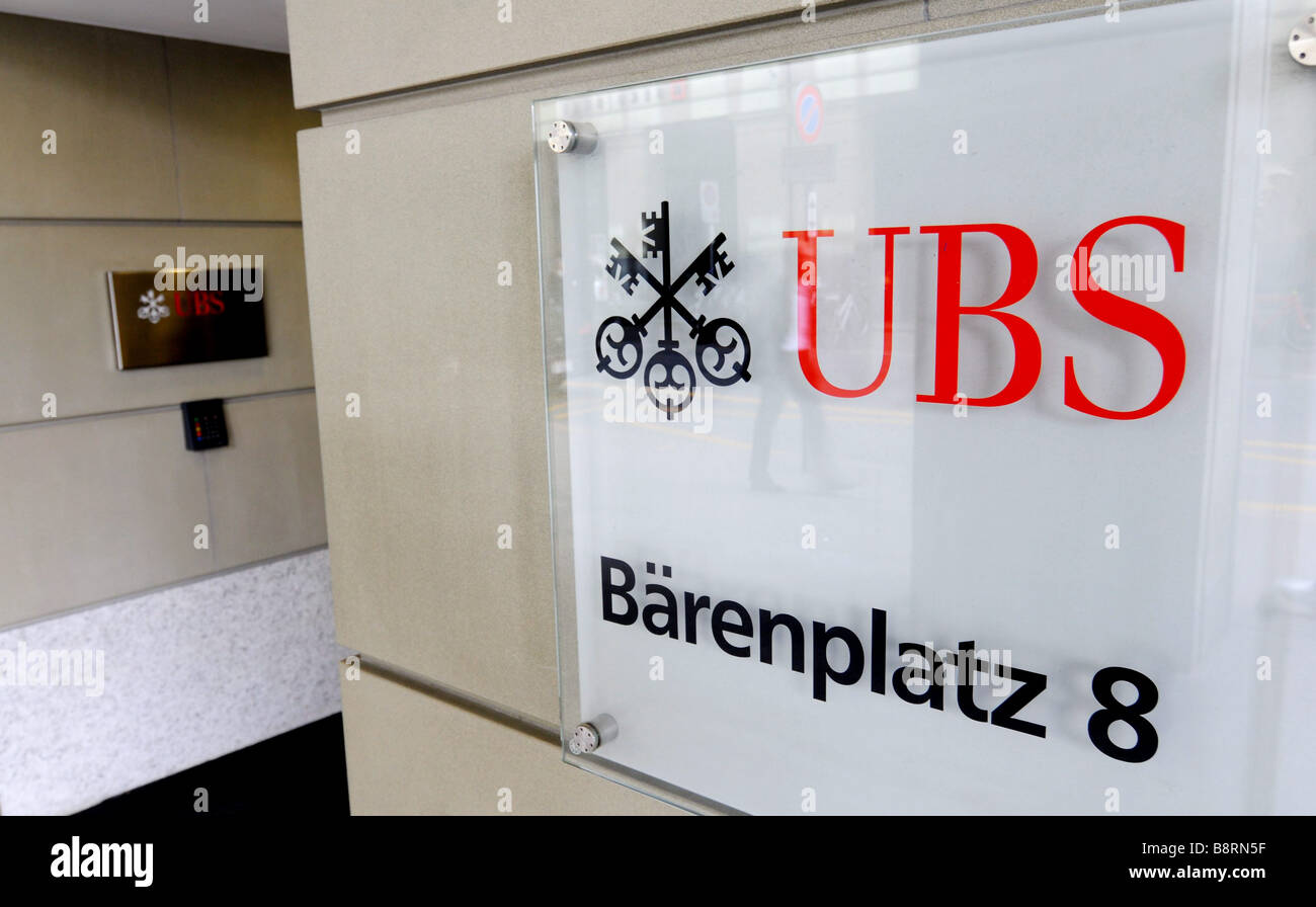 The UBS logo on display at a branch of the Swiss bank in Bern ...