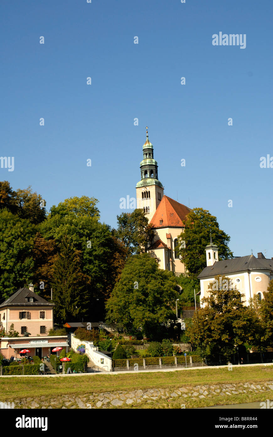 Mullerkirche and the Salzbach River in Salzburg in Austria Stock Photo ...