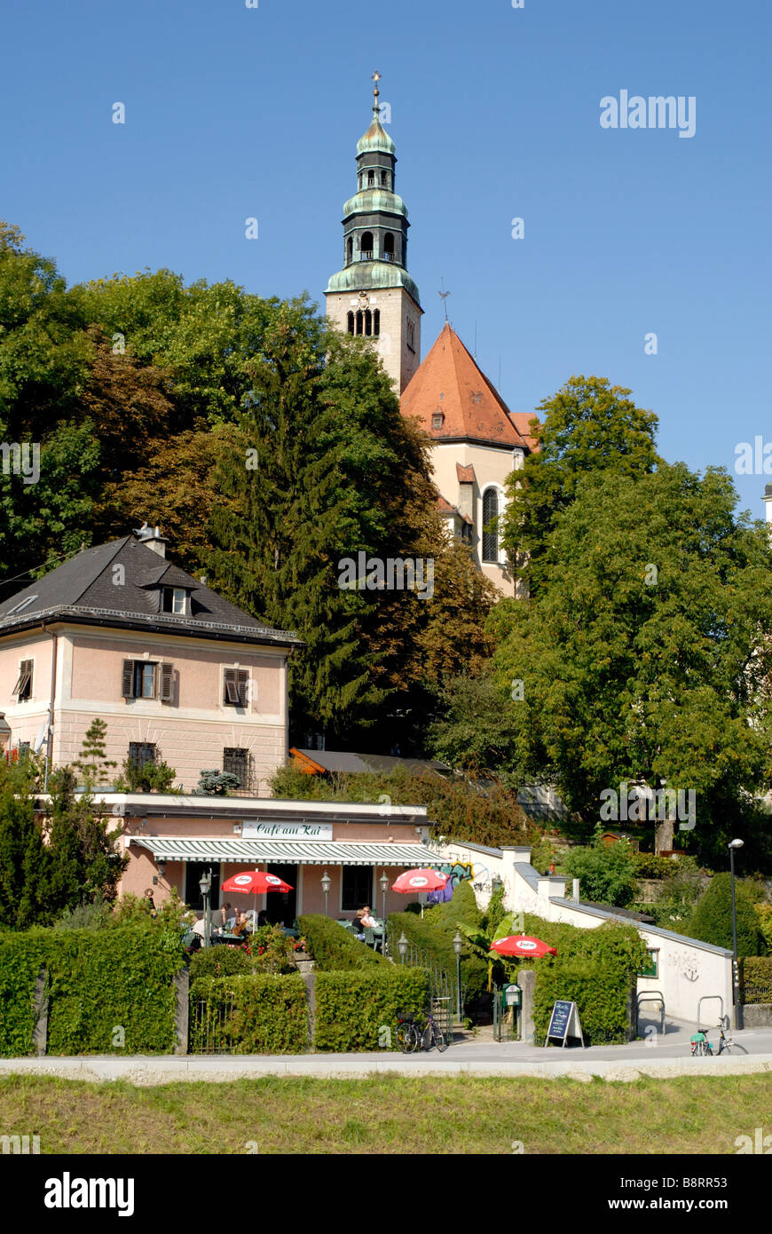 Mullerkirche and the Salzbach River in Salzburg in Austria Stock Photo ...