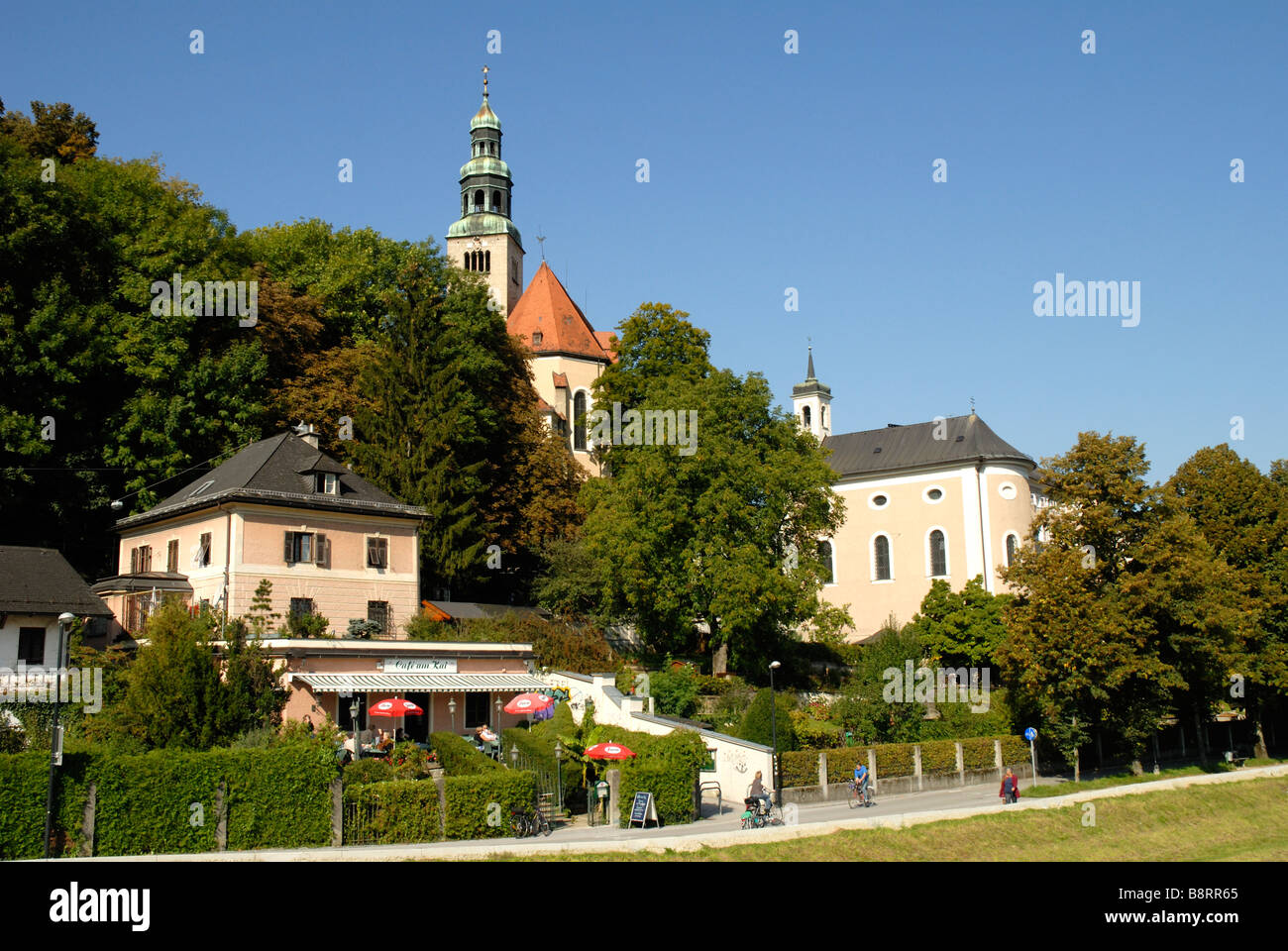 Mullerkirche and the Salzbach River in Salzburg in Austria Stock Photo ...