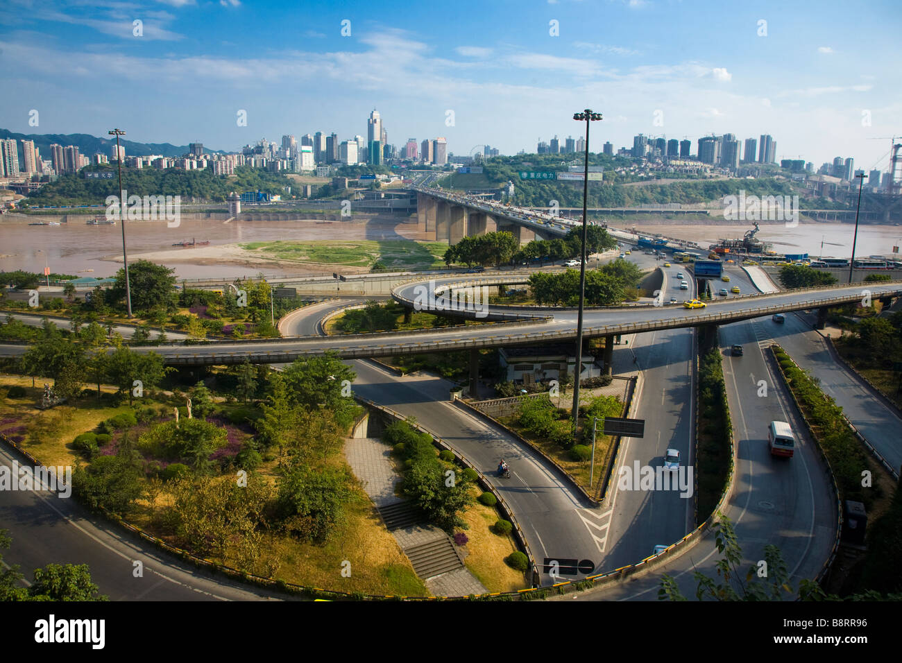 Interchange junction ramps at the Yangtze river in urban Chongqing city ...