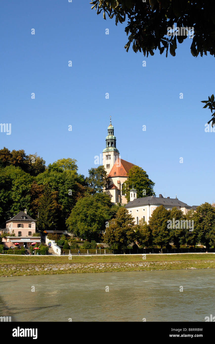 Mullerkirche and the Salzbach River in Salzburg in Austria Stock Photo ...