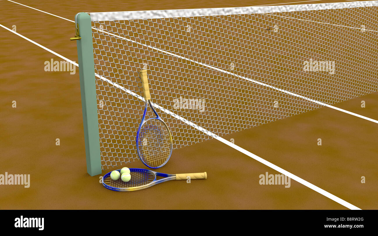 3d render of a clay tennis court with tennis raquets and balls Stock ...