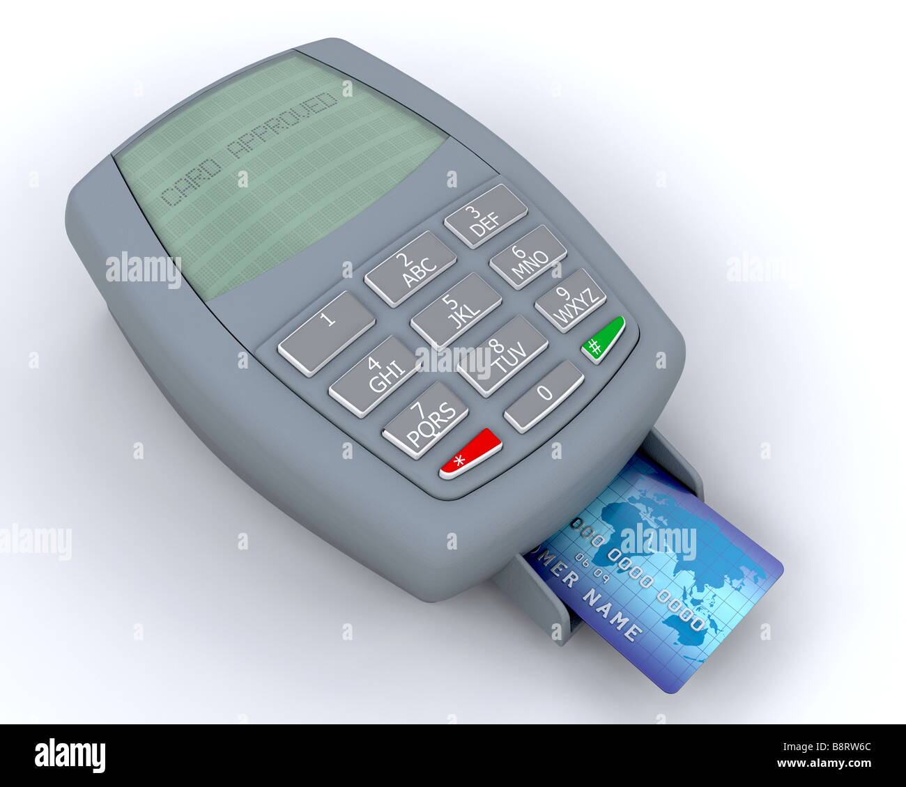 Credit card in machine showing card approved message Stock Photo - Alamy